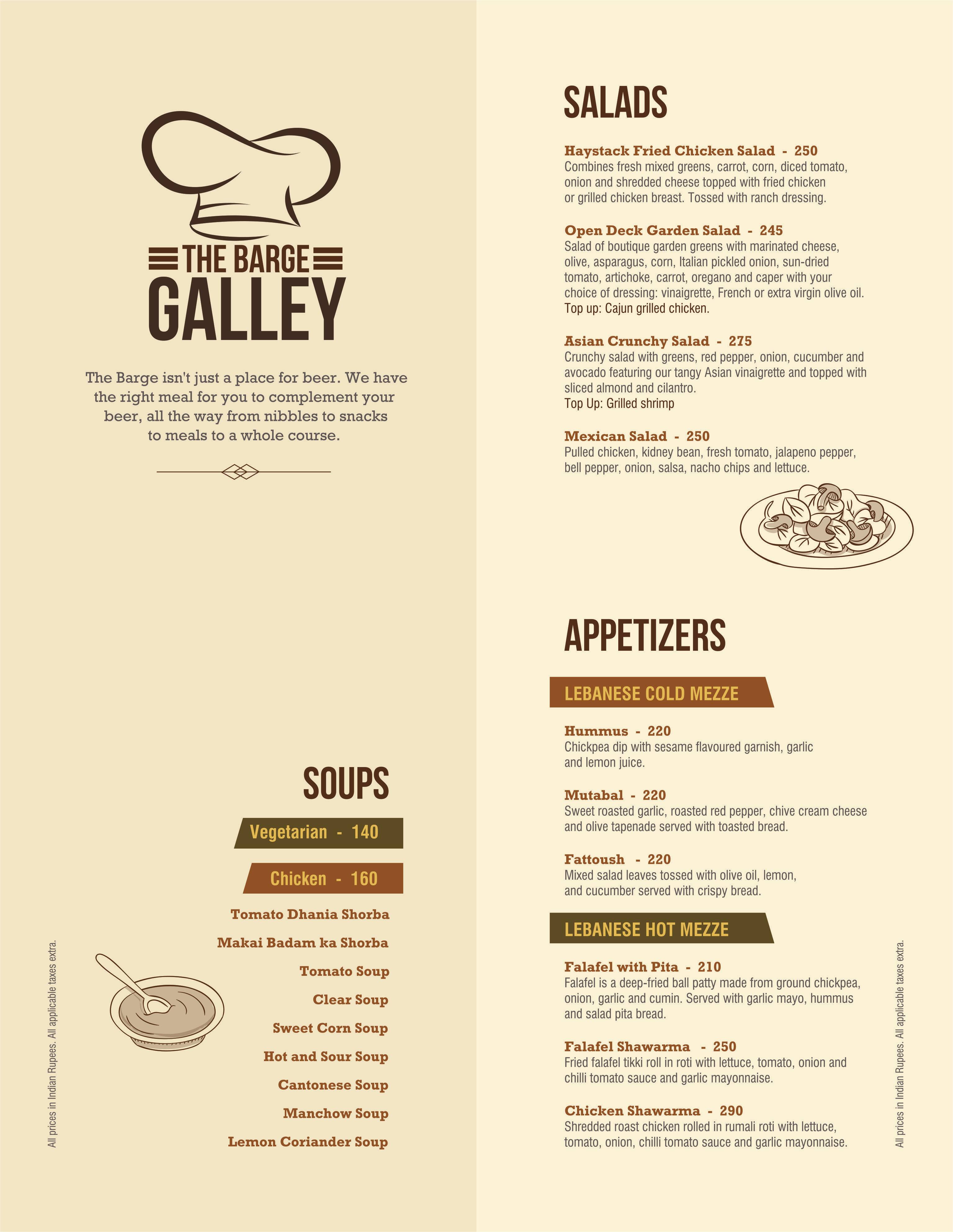 Menu of The Barge Restaurant, Vijay Nagar, Mysore