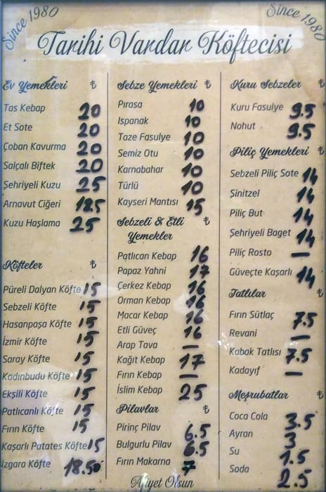 Menu at Tarihi Sultanahmet Köftecisi, Istanbul, Ziya Gökalp Sokağı No:2