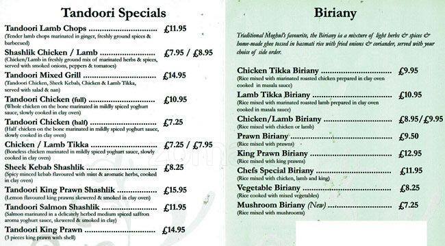 Menu at Pimlico Tandoori restaurant, London