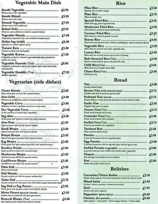 Menu at Pimlico Tandoori restaurant, London