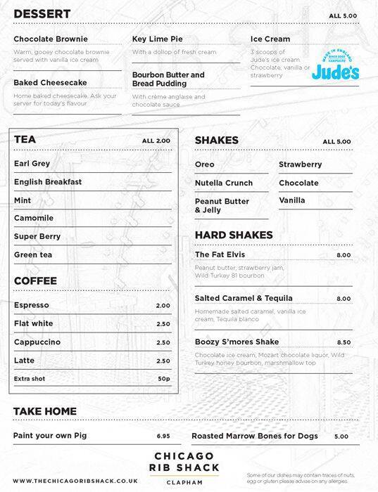 Menu at Chicago Rib Shack Clapham BBQ, London, Arch 642