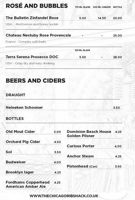 Menu at Chicago Rib Shack Clapham BBQ, London, Arch 642