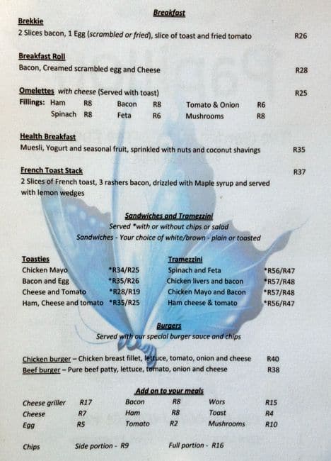 Menu au Papillion Tea Garden & Coffee Shop café, Afrique du Sud