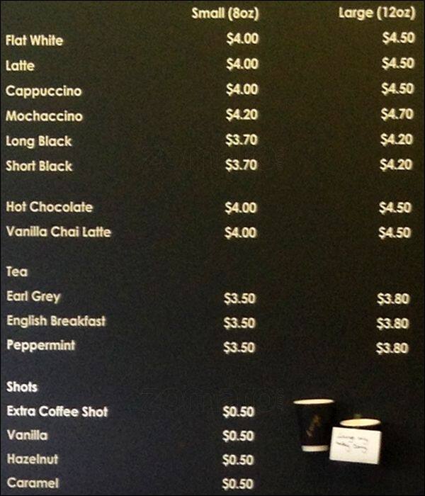 Menu at Revive, Christchurch