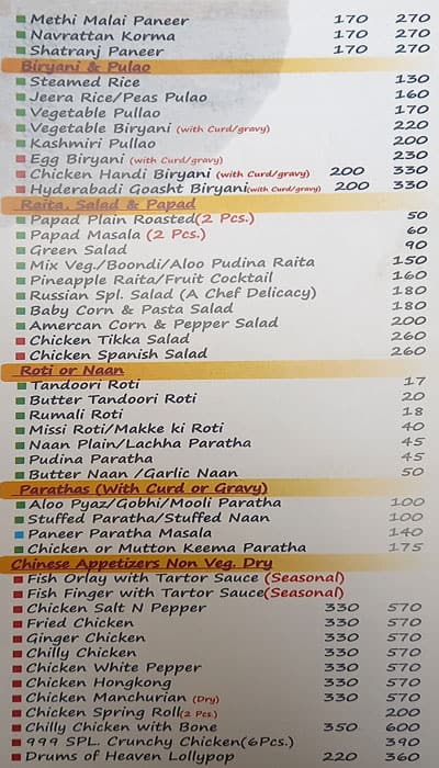 Menu at Triple Nine, Faridabad