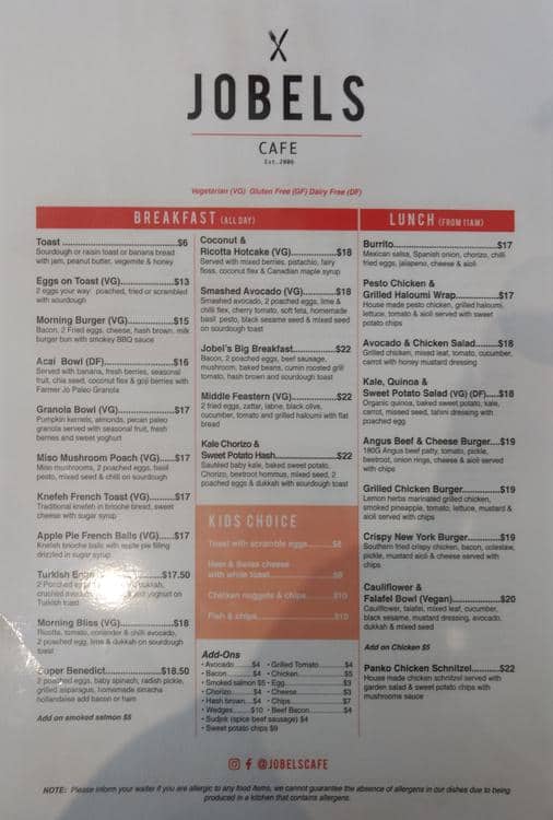 Menu at Jobel's Cafe, Belmore