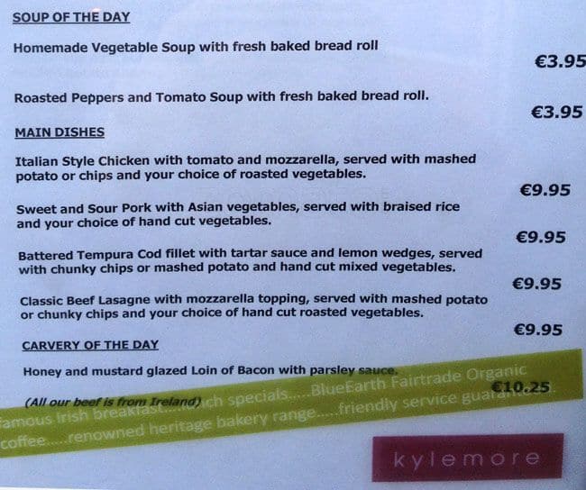 Menu at Cafe Kylemore, Dublin, 1 O'Connell Street Upper