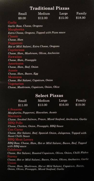 Menu at Pizza Union pizzeria, Surrey Hills