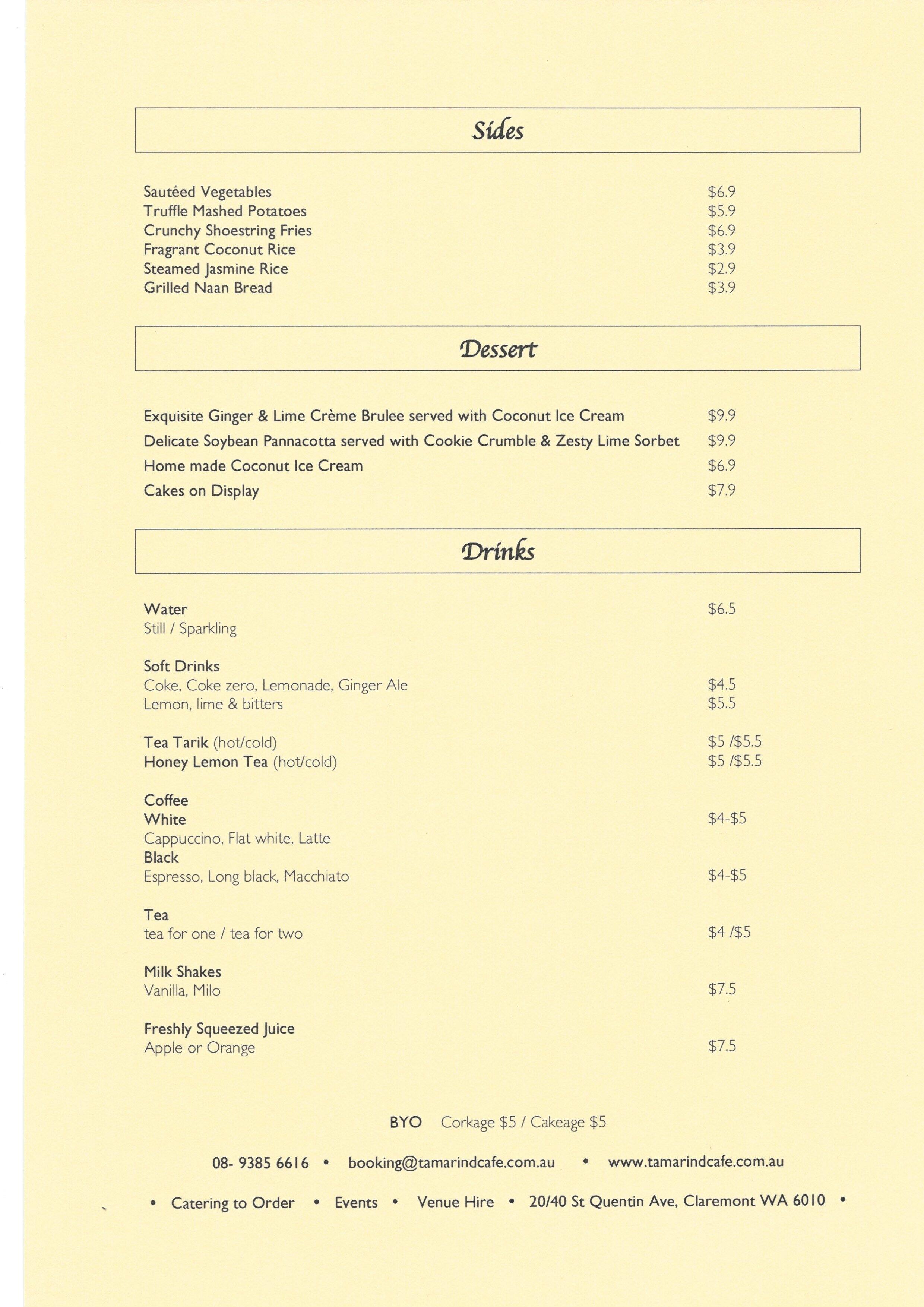 Menu at Tamarind Cafe, Claremont