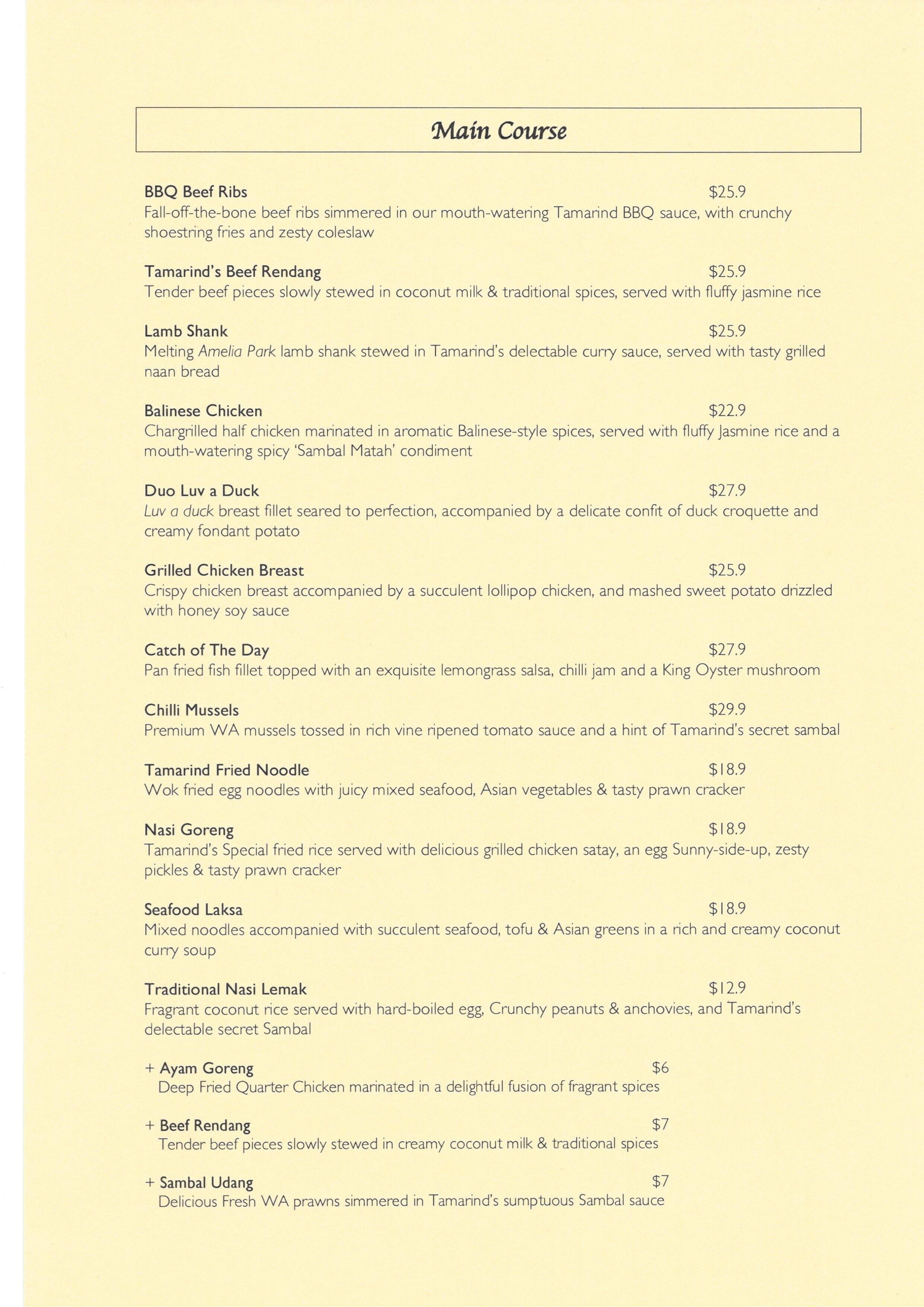 Menu at Tamarind Cafe, Claremont