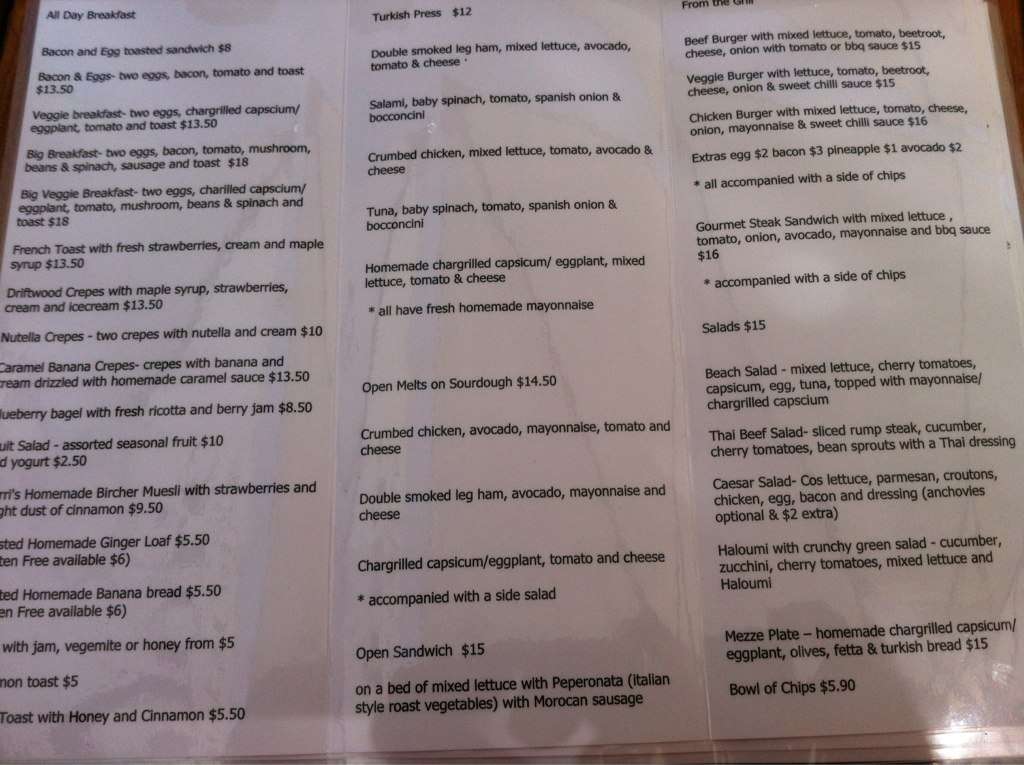 Menu at Driftwood Terrigal restaurant, Terrigal