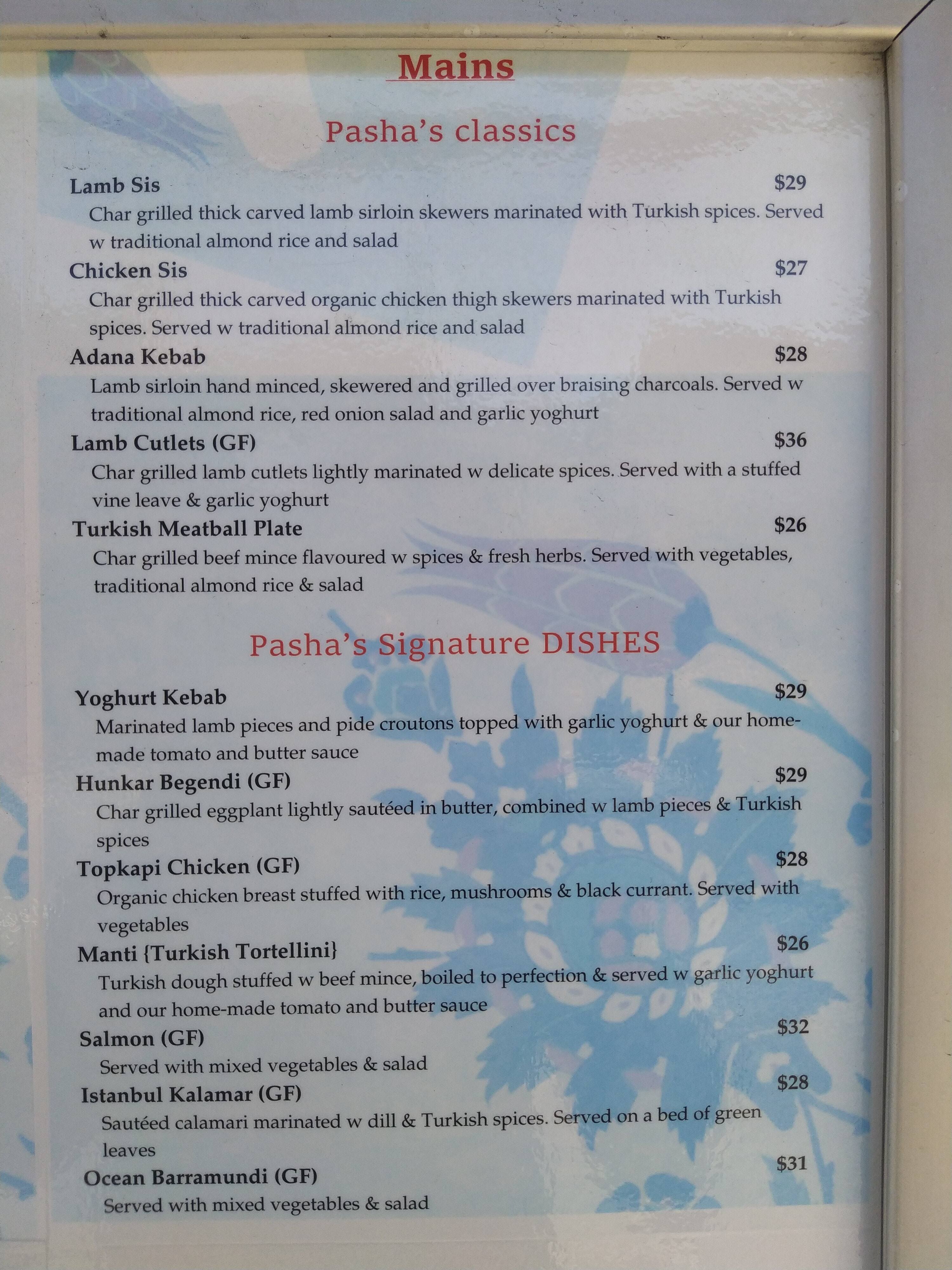 Menu at Pasha restaurant, Bondi