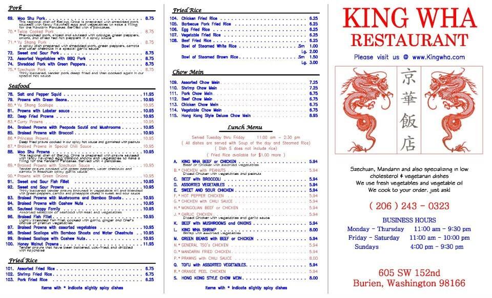 Menu at King Wha restaurant, Burien