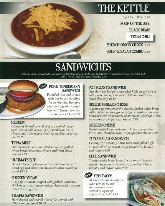 Menu at Century Inn pub & bar, Cincinnati, Springfield Pike