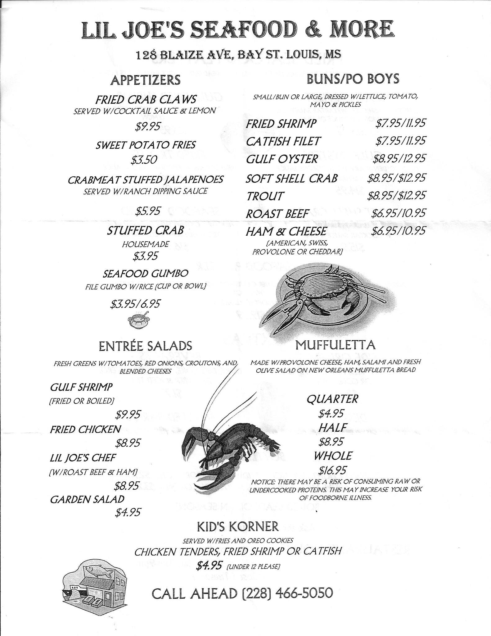 Menu at Lil Joe's Seafood And More restaurant, Bay Saint Louis