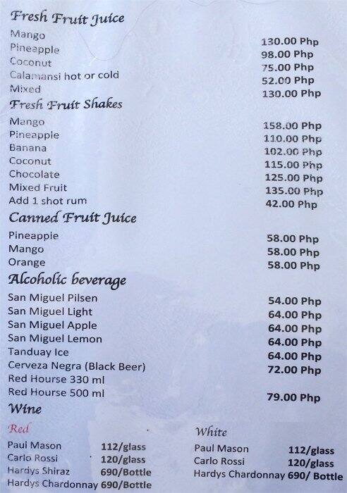 Menu at Arista restaurant, Moalboal