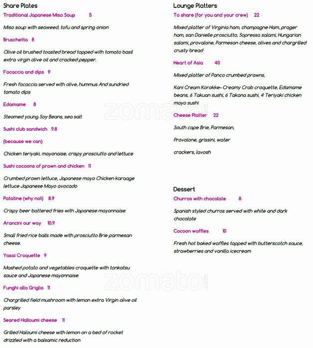 Menu at Cocoon Lounge Bar & Dining, Surfers Paradise