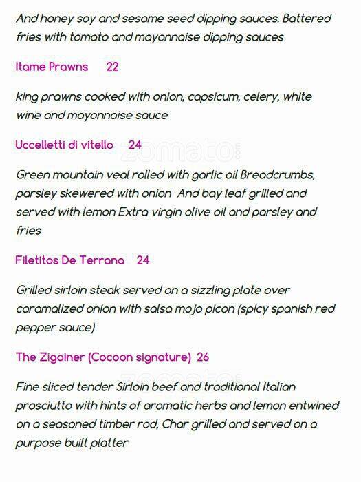 Menu at Cocoon Lounge Bar & Dining, Surfers Paradise
