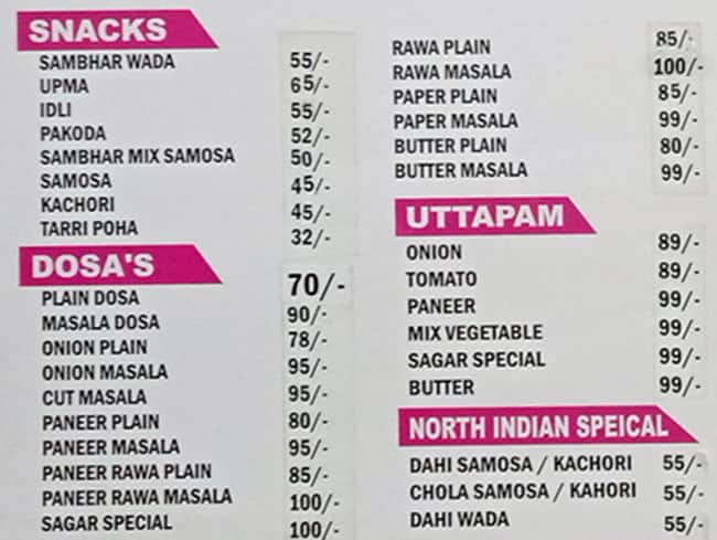 Menu of Sagar South Indian Restaurant, Dhantoli, Nagpur