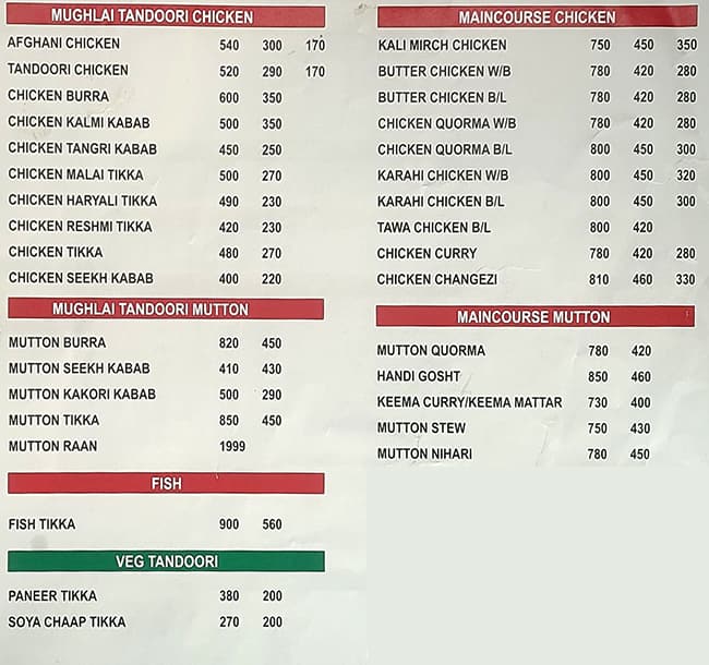Menu of Saleem's Restaurant, Defence Colony, New Delhi