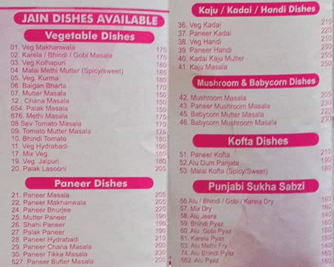 Menu of Nanumal Bhojraj, Fort, Mumbai