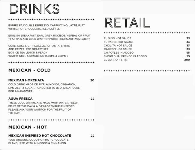 Menu at El Burro Taqueria restaurant, Cape Town