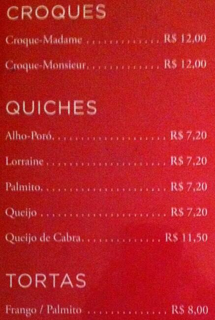 Carta del café Pain del France, São Paulo, Rua Cônego Eugênio Leite