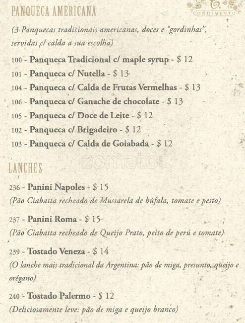 Menu em Condimento Café, São Paulo