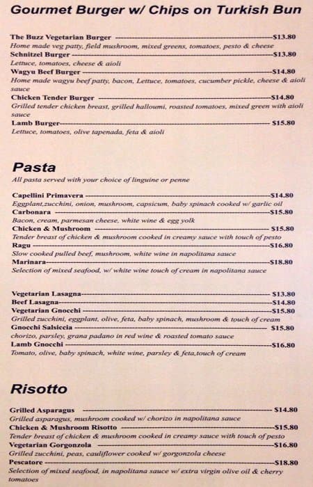 Carta del pub y bar The Buzz, Newtown