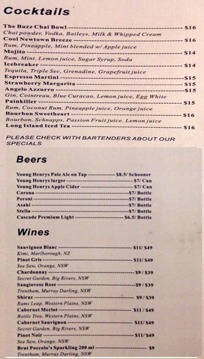 Carta del pub y bar The Buzz, Newtown