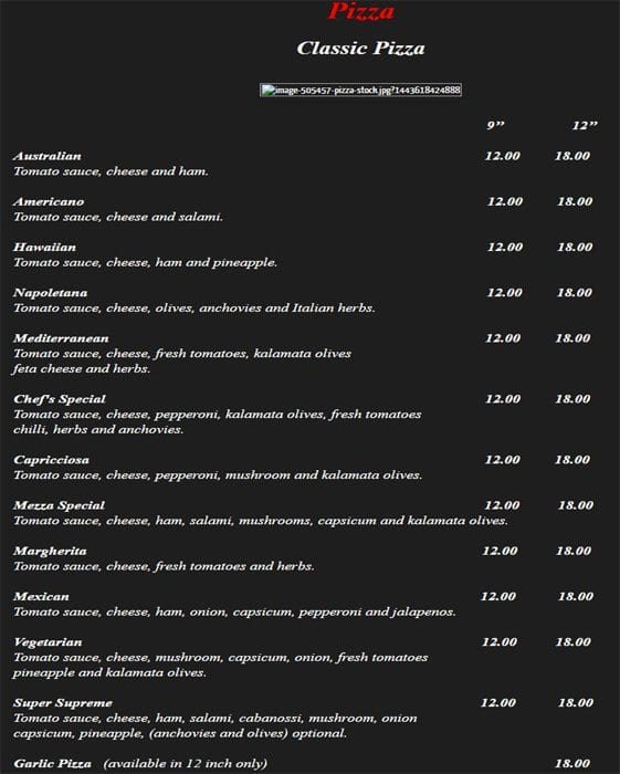 Menu at Mezza cafe, North Adelaide
