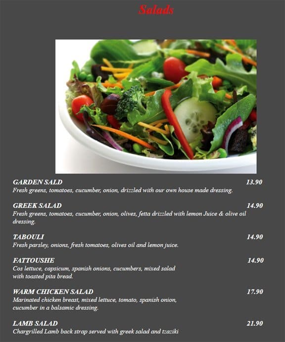 Menu at Mezza cafe, North Adelaide