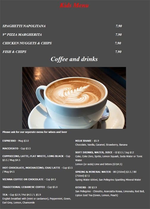 Menu at Mezza cafe, North Adelaide