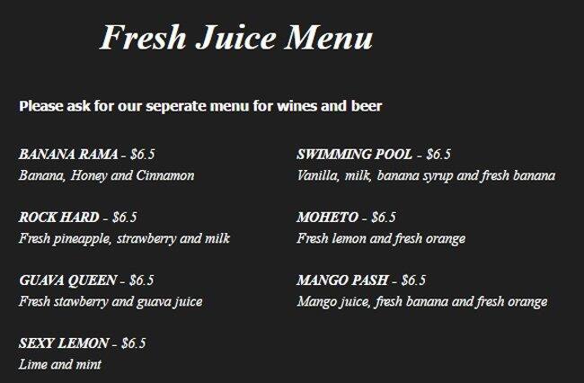 Menu at Mezza cafe, North Adelaide