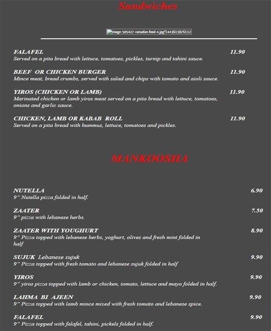 Menu at Mezza cafe, North Adelaide