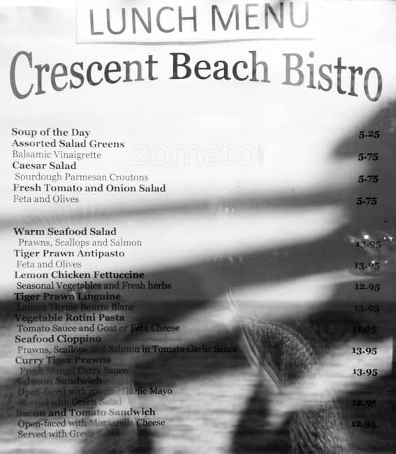Menu at Crescent Beach Bistro restaurant, Surrey