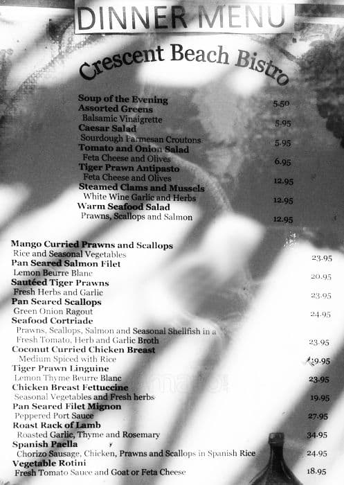 Menu at Crescent Beach Bistro restaurant, Surrey