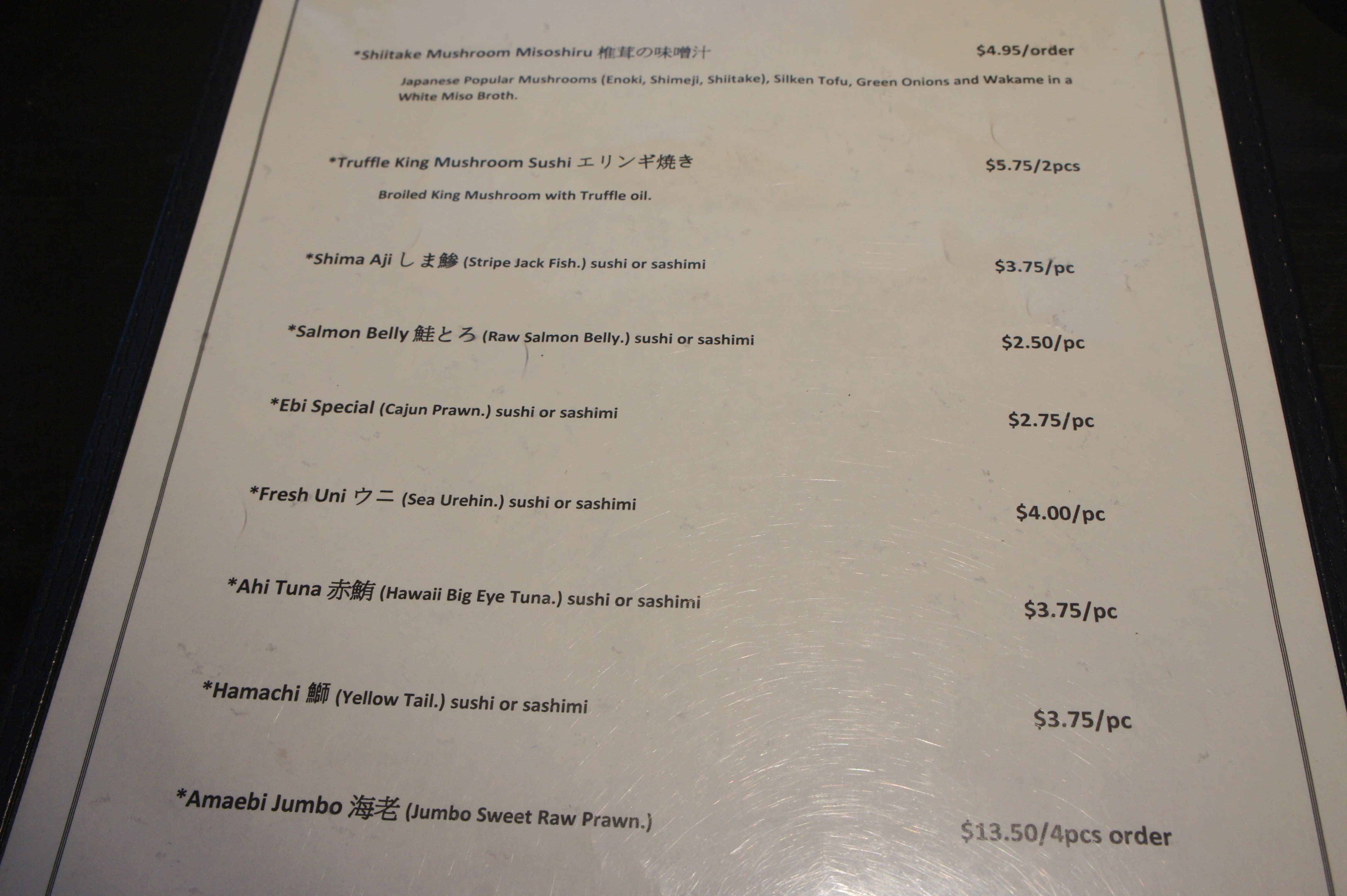 Menu at Shibuya Izakaya restaurant, Calgary