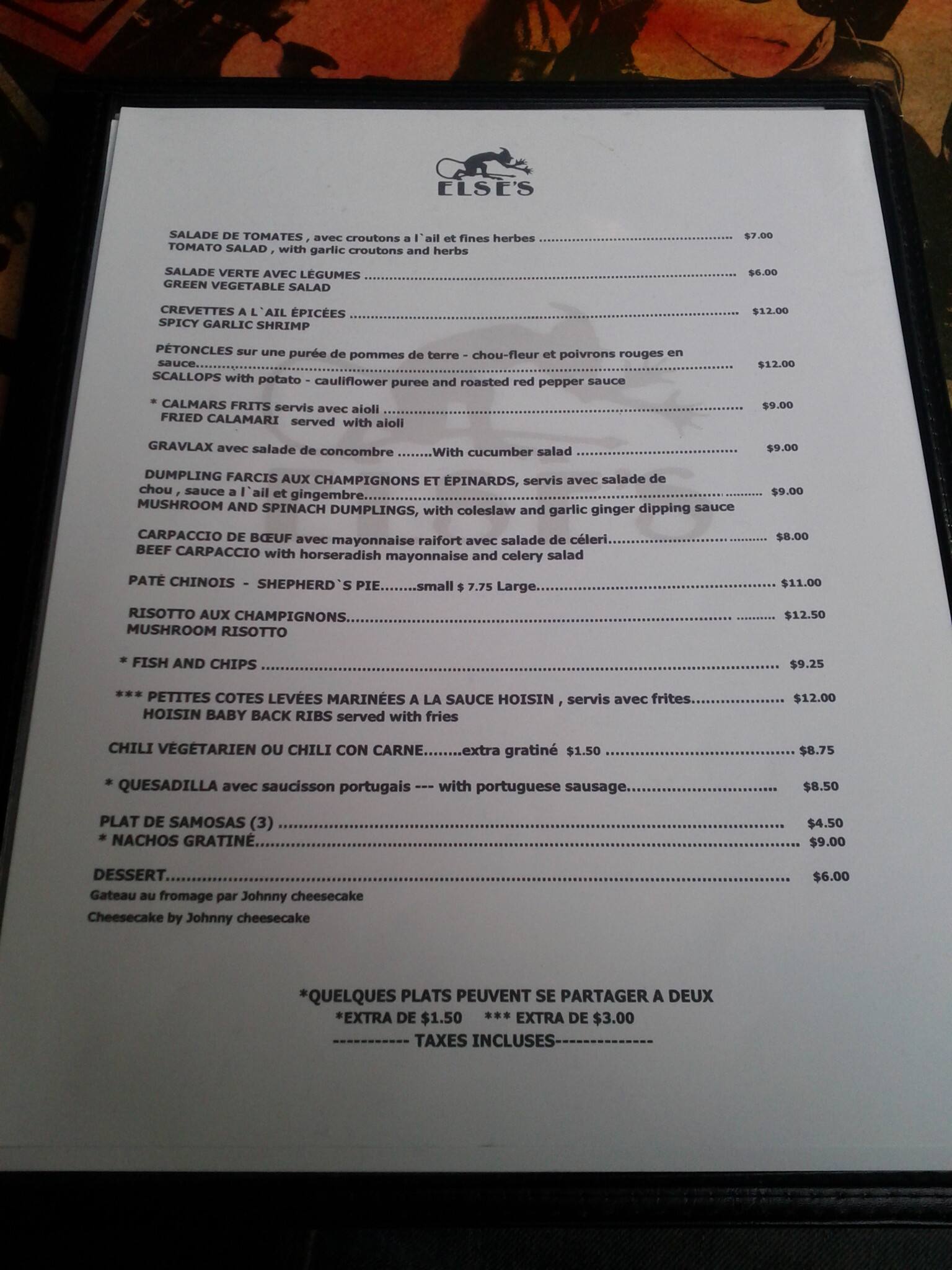 Menu at Else's pub & bar, Montreal