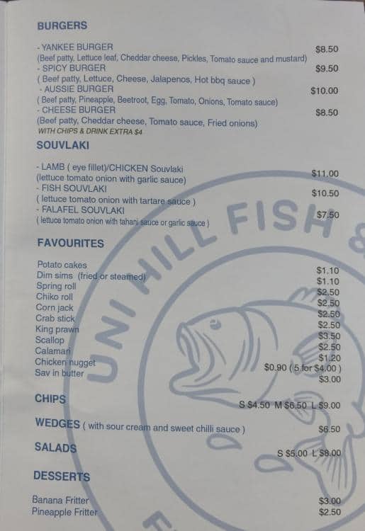 Menu at The Islands Fish and Burgers(Uni Hill Fish and Chips ...
