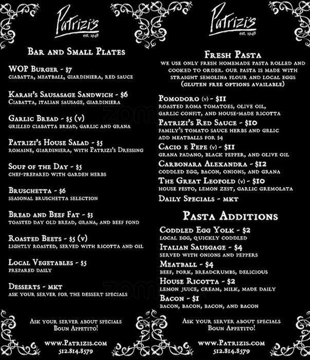 Menu at Patrizi's restaurant, Austin