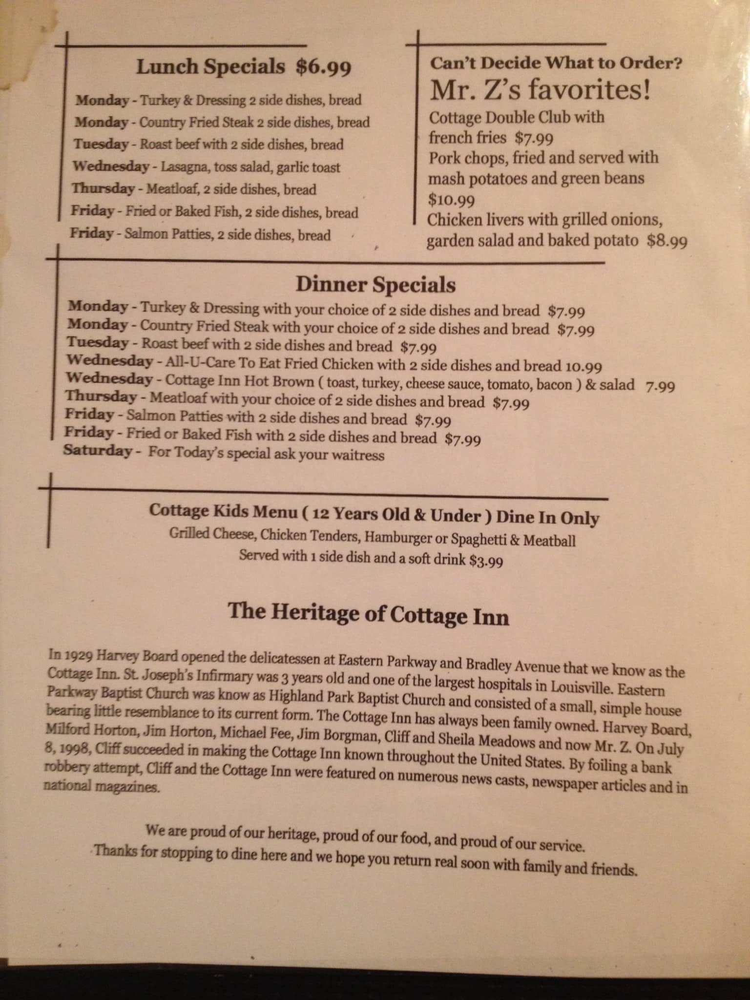 Menu at Cottage Inn restaurant, Louisville