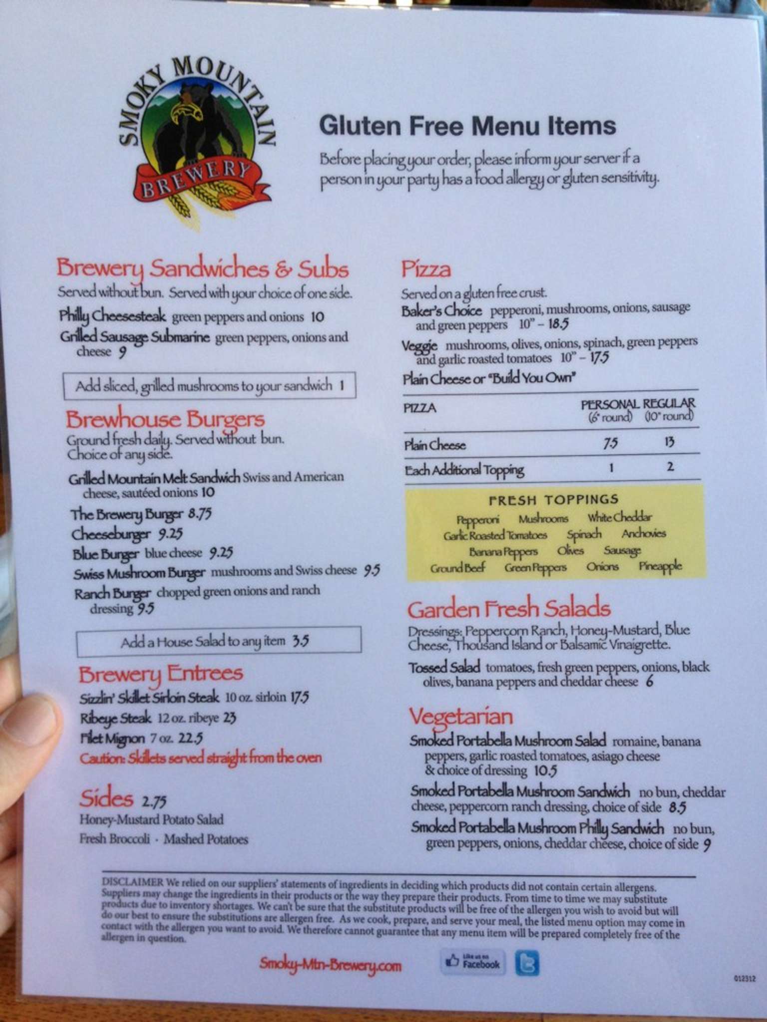 Menu at Smoky Mountain Brewery in Gatlinburg fast food, Gatlinburg