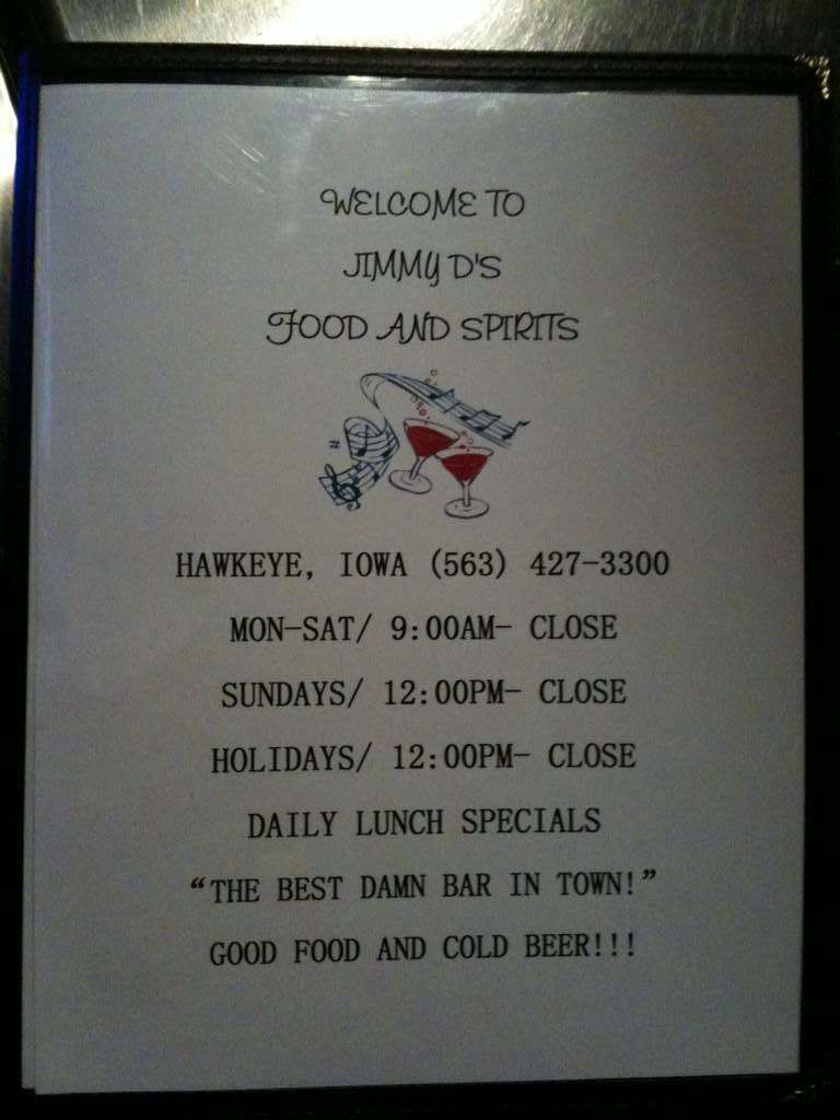 Menu at Jimmy D's pub & bar, Hawkeye