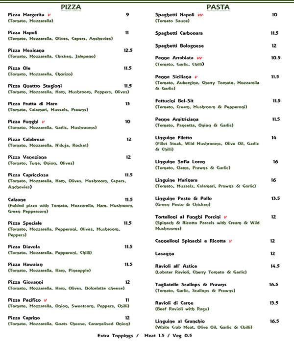 Menu at Pizzeria Bel Sit, Woodford