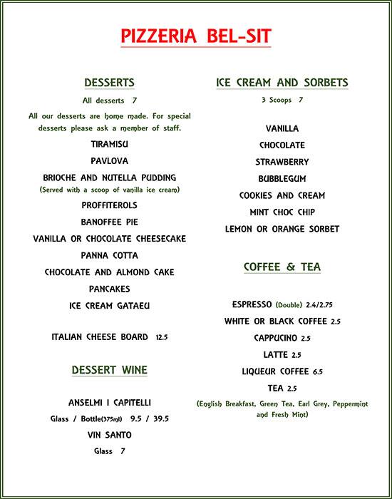 Menu at Pizzeria Bel Sit, Woodford