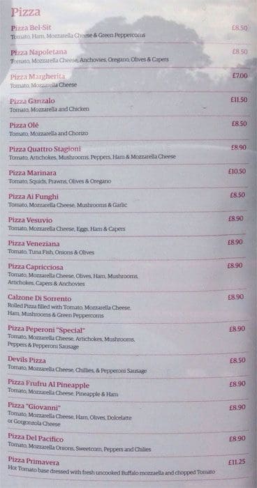 Menu at Pizzeria Bel Sit, Woodford