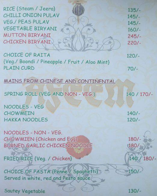 Menu at Afeem Rooftop Restaurant, Udaipur, Kurabar House