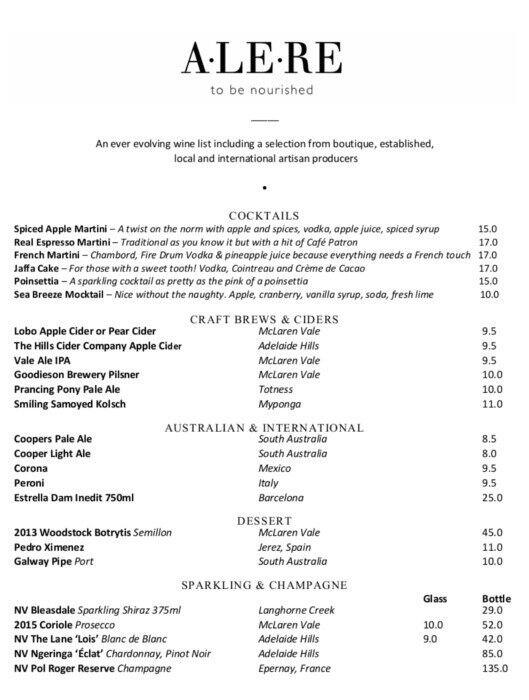 Menu at Alere Restaurant, Bedford Park