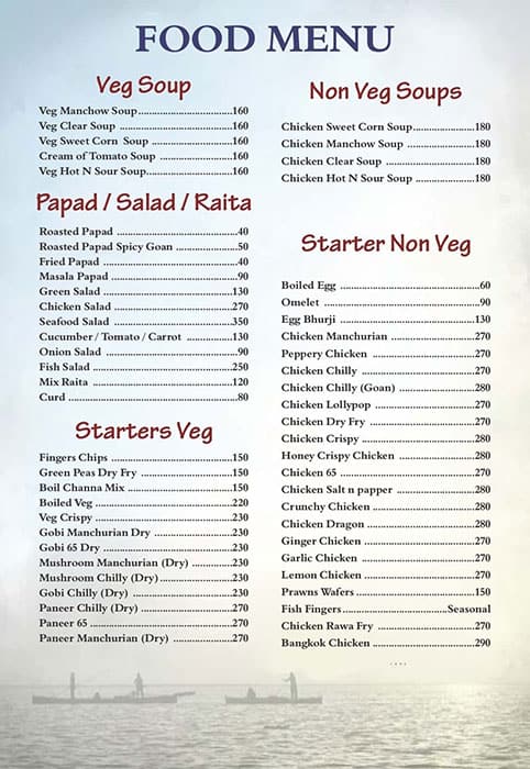 Menu of Darya Deger, Old Goa, Goa